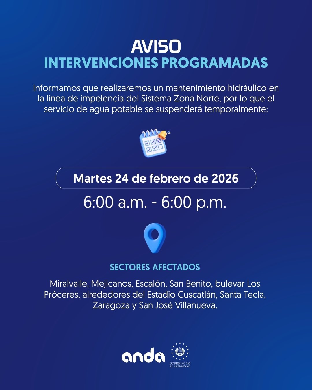ANDA suspenderá el servicio de agua el martes 24 de febrero en zonas de ...